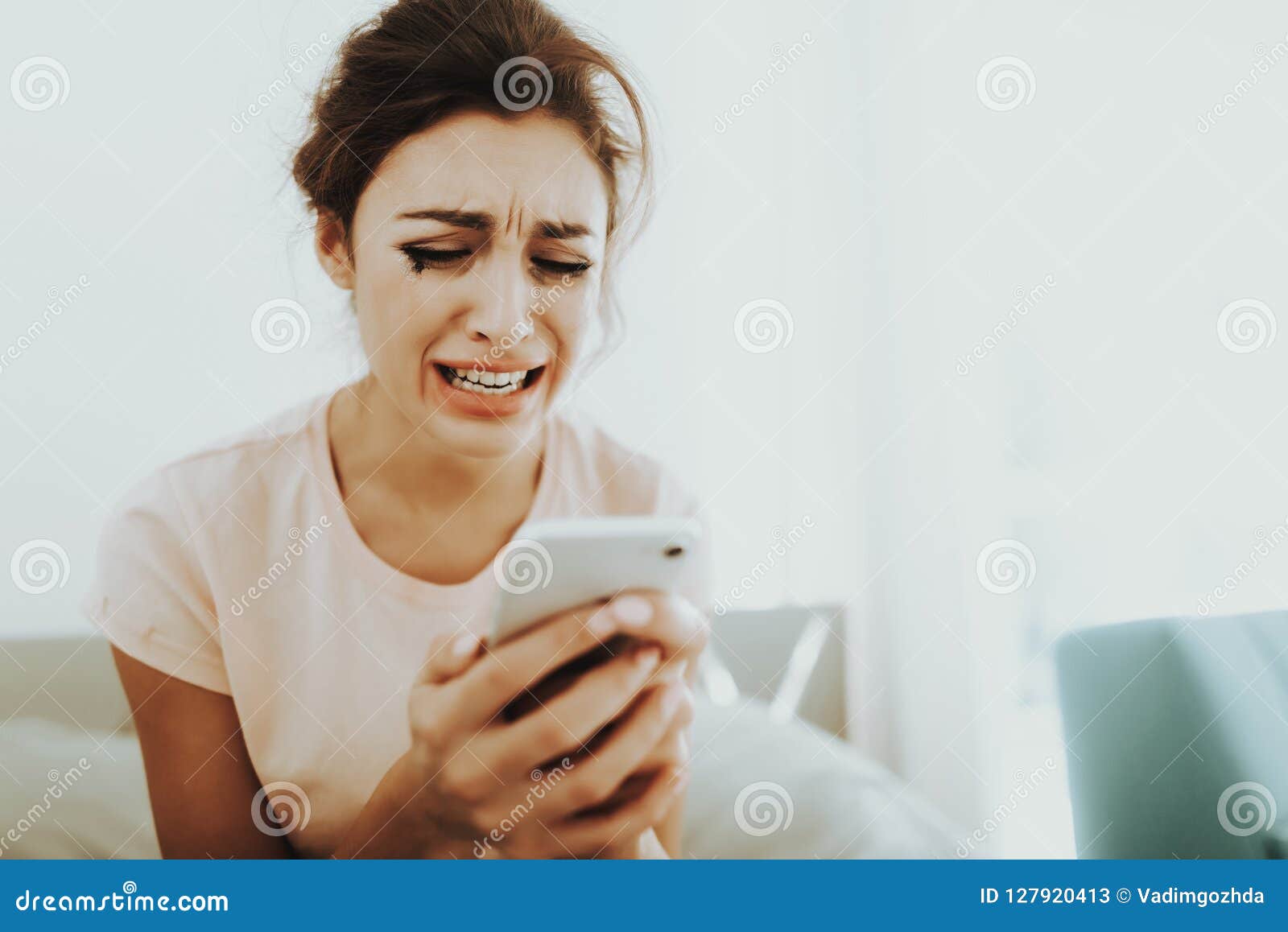 Crying Woman Message Texting Bedroom Concept Stock Image Image Of