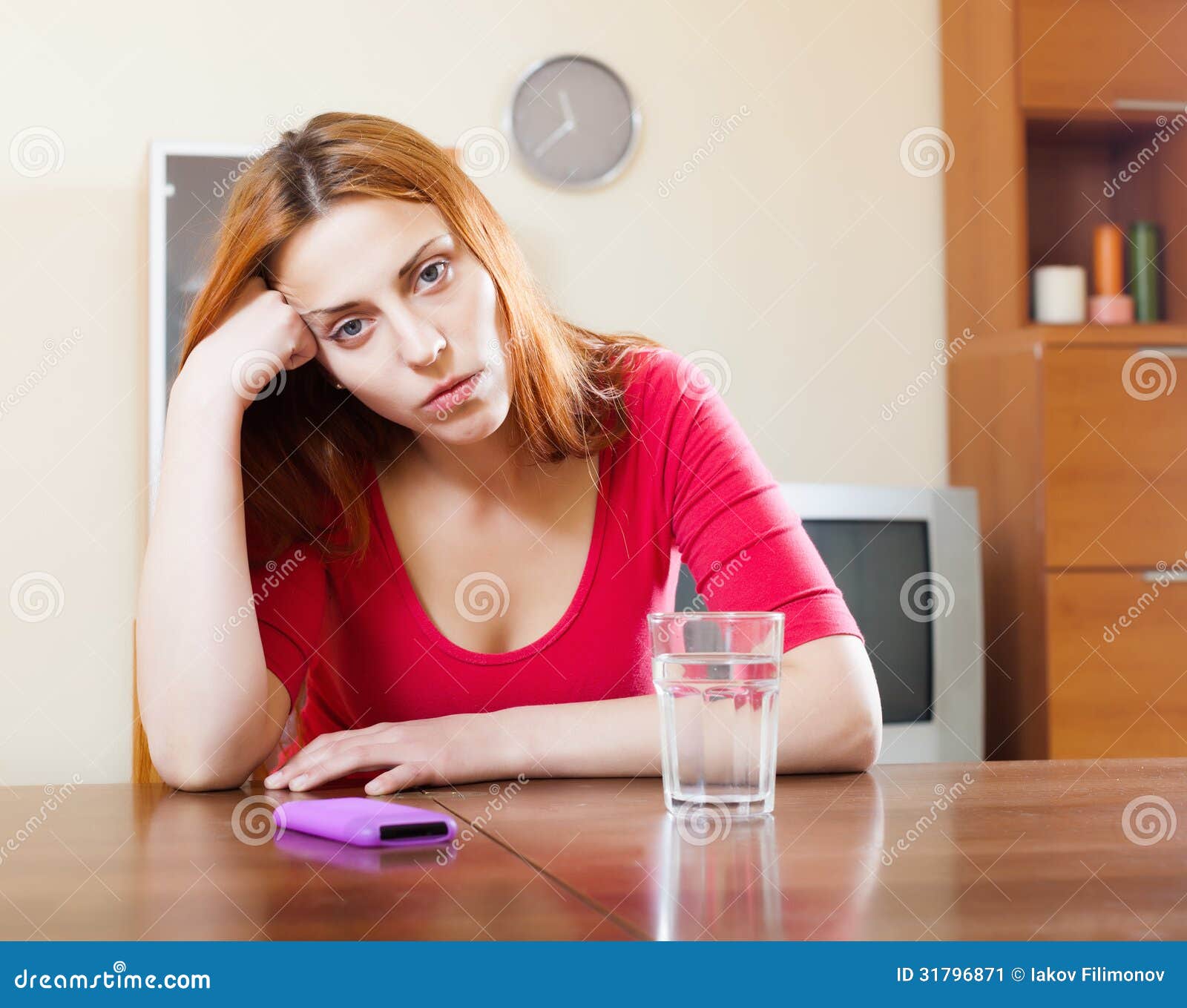 Crying Woman with Mobile at Table Stock Image - Image of sadness ...