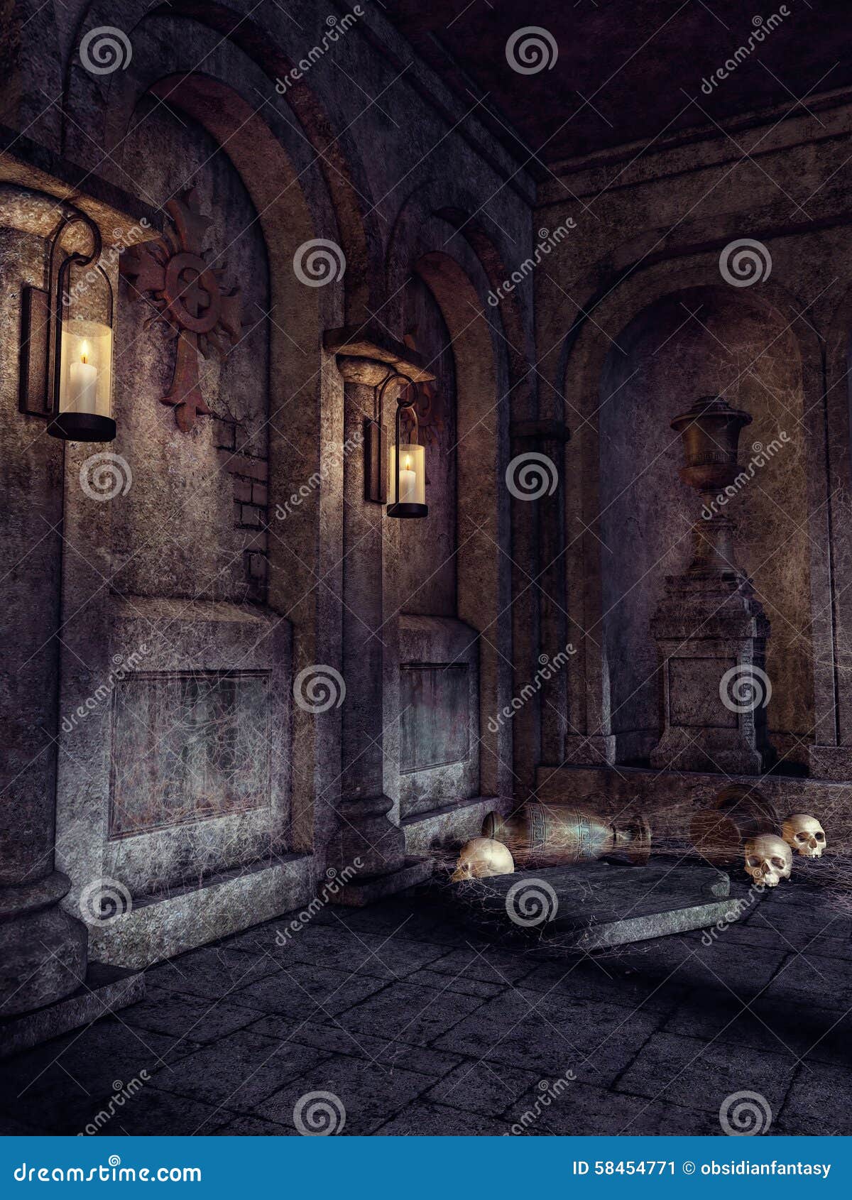 Crypt with Skulls and Lanterns Stock Illustration - Illustration of ...