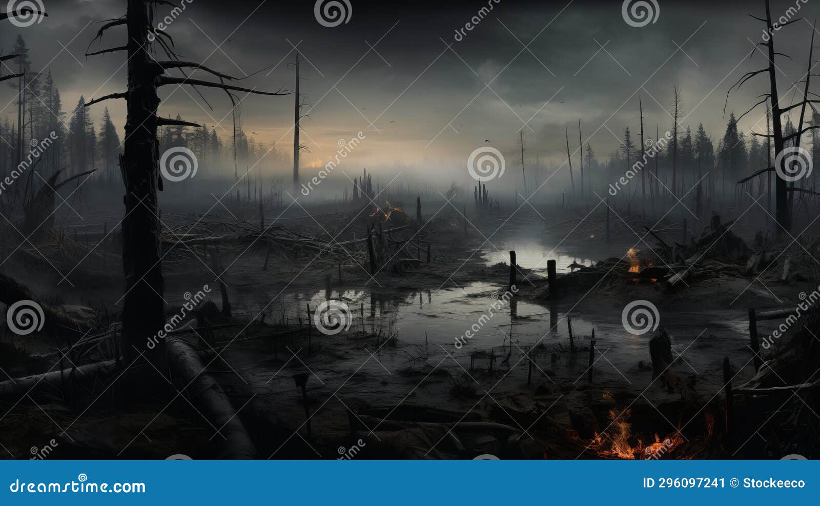 Cryptidcore-inspired Dark Landscape with Trees, Smoke, and Water Stock ...