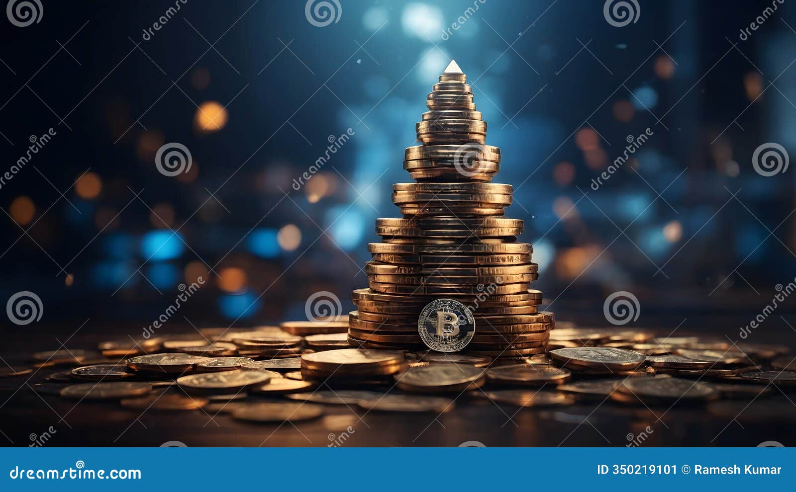 Crypto Coins Stacked in a Pyramid on a Table, Illuminated by Blue Light ...