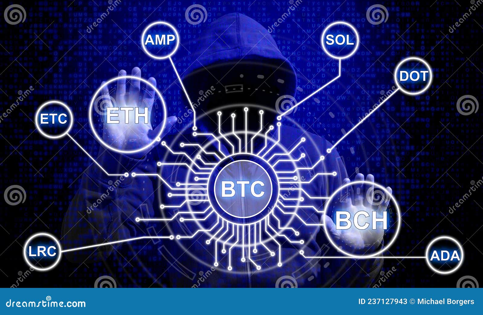 Crypto Currencies Blockchain Hacker Touching Grid Stock Image - Image ...