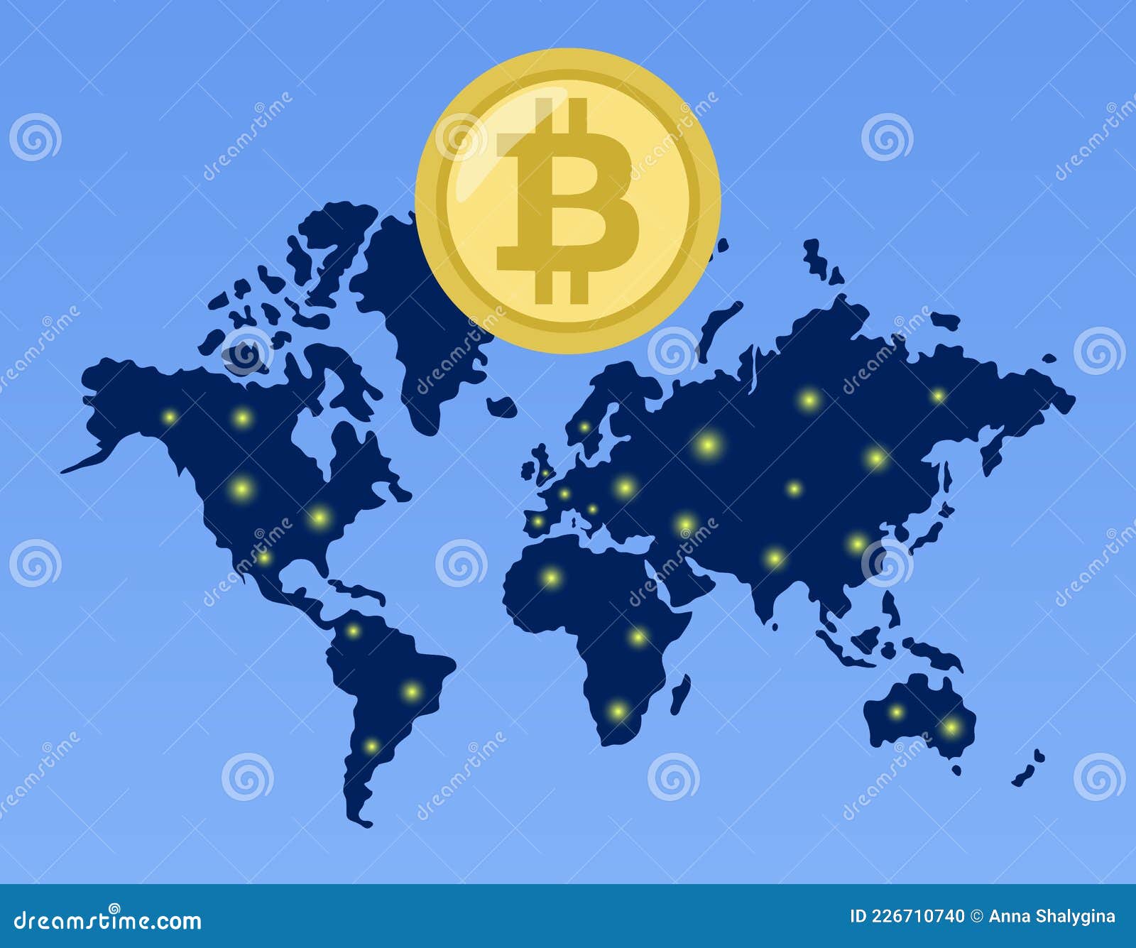 Crypto Currency Bitcoin on World Map. Glowing Points of Cities Stock ...