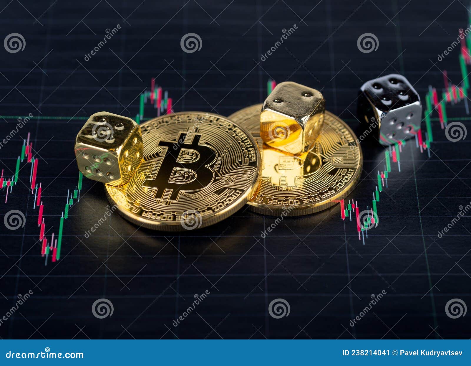 Crypto Currency Bitcoins with Dice, Gold and Silver on Chart of ...