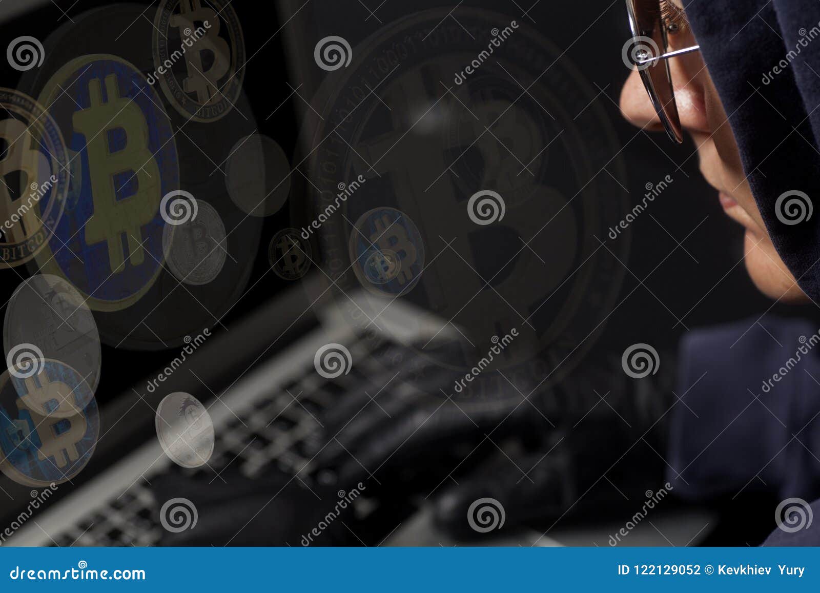 Crypto Hacker with Laptop and Bitcoins . Concept of Internet Criminal ...
