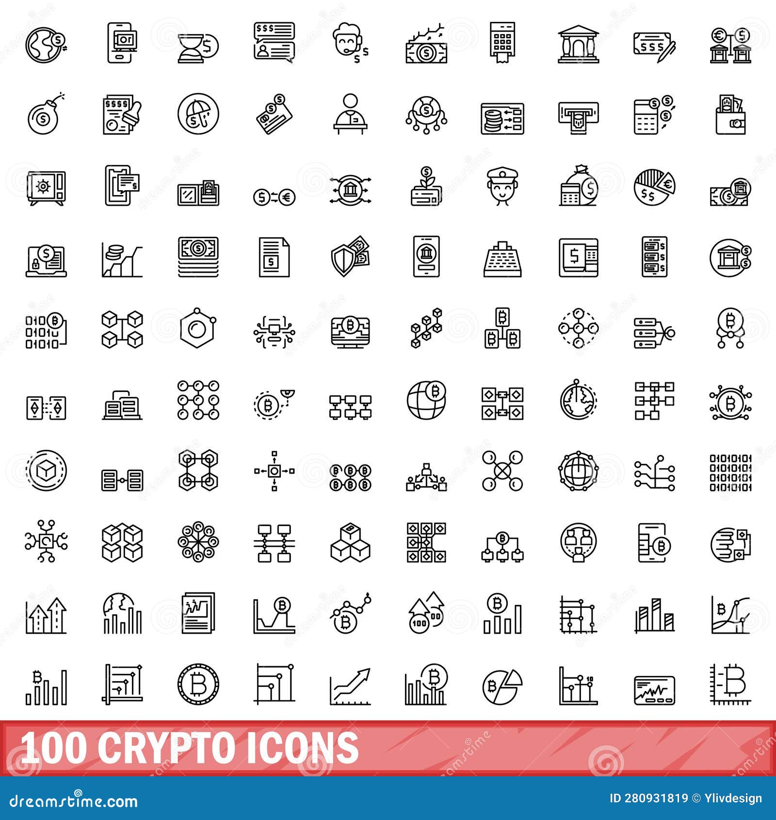 100 Crypto Icons Set, Outline Style Stock Vector - Illustration of ...