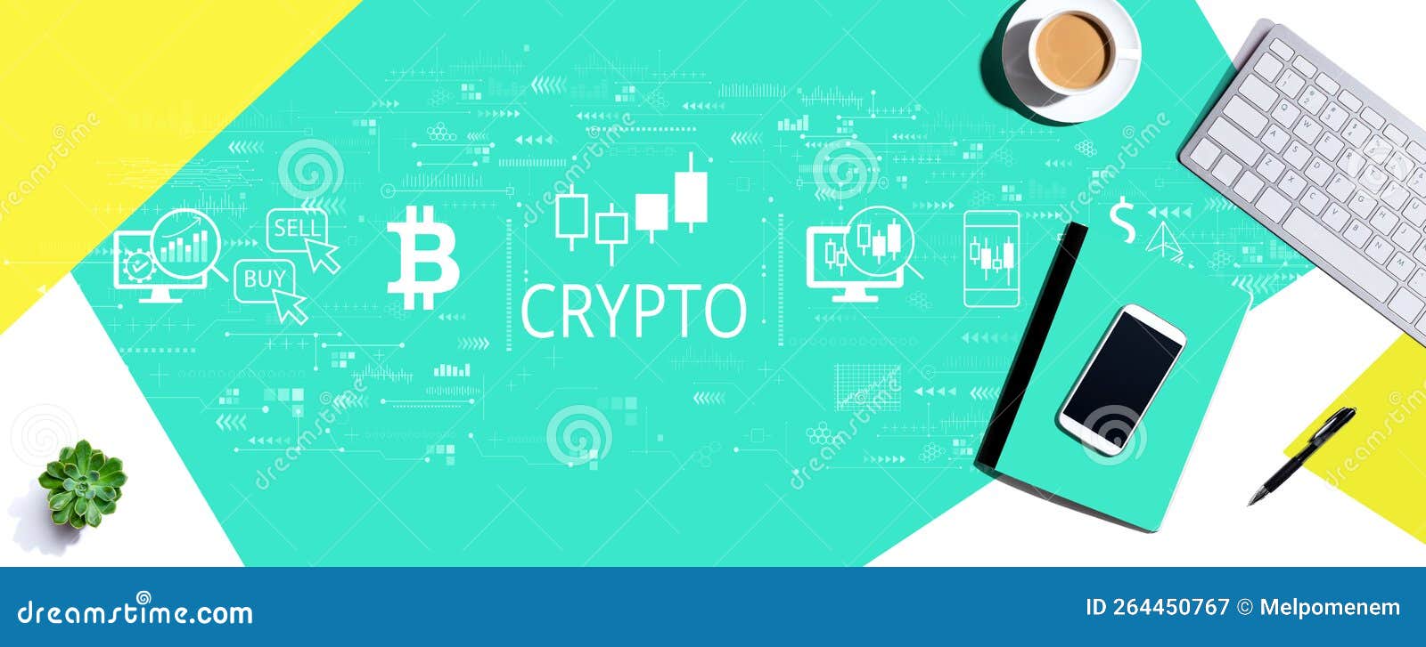 Crypto Trading Theme with Computer Keyboard and Office Items Stock ...