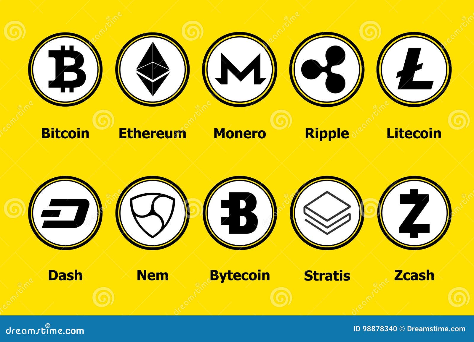 Cryptocurrency Blockchain Icons a Yellow Background. Set Virtual ... Cryptocurrency Blockchain Icons a Yellow Background. Set Virtual ...