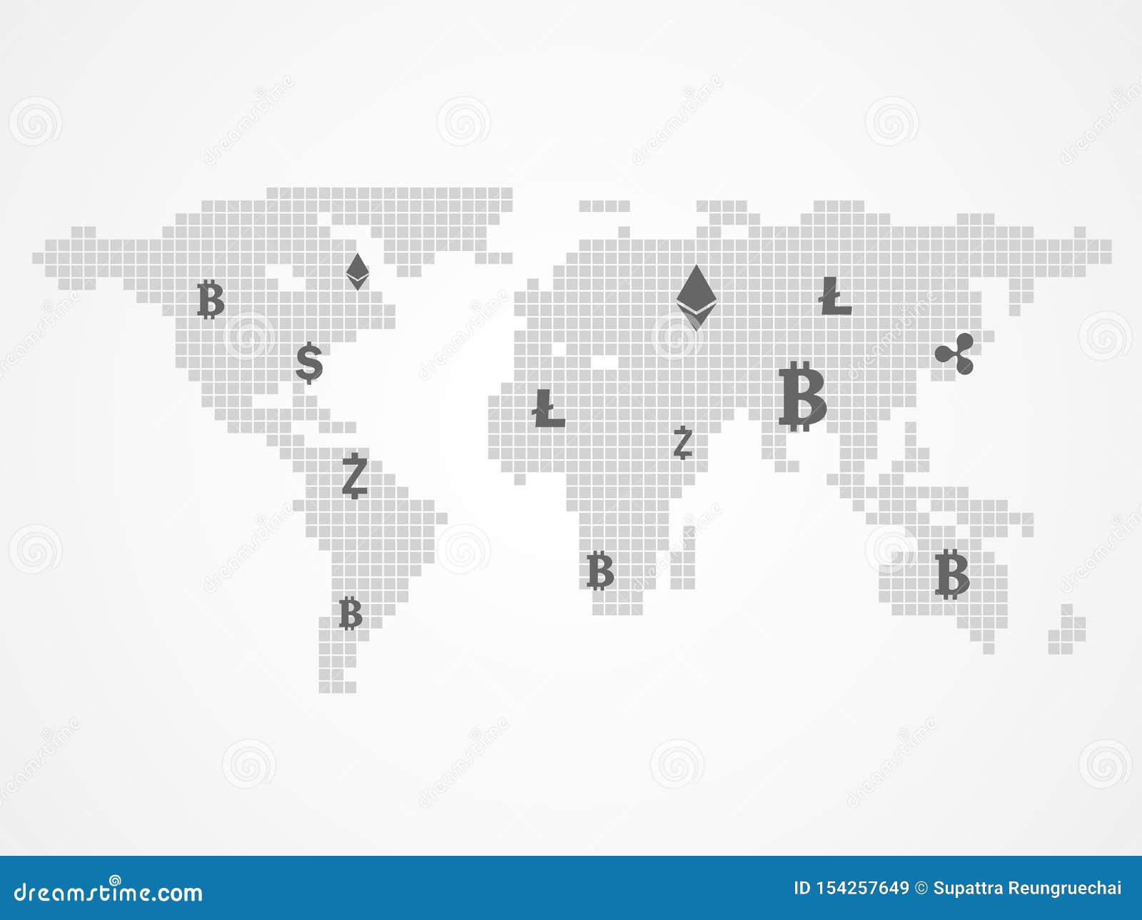 Cryptocurrency And Blockchain Infographic On World Map. Cartoon Vector ...