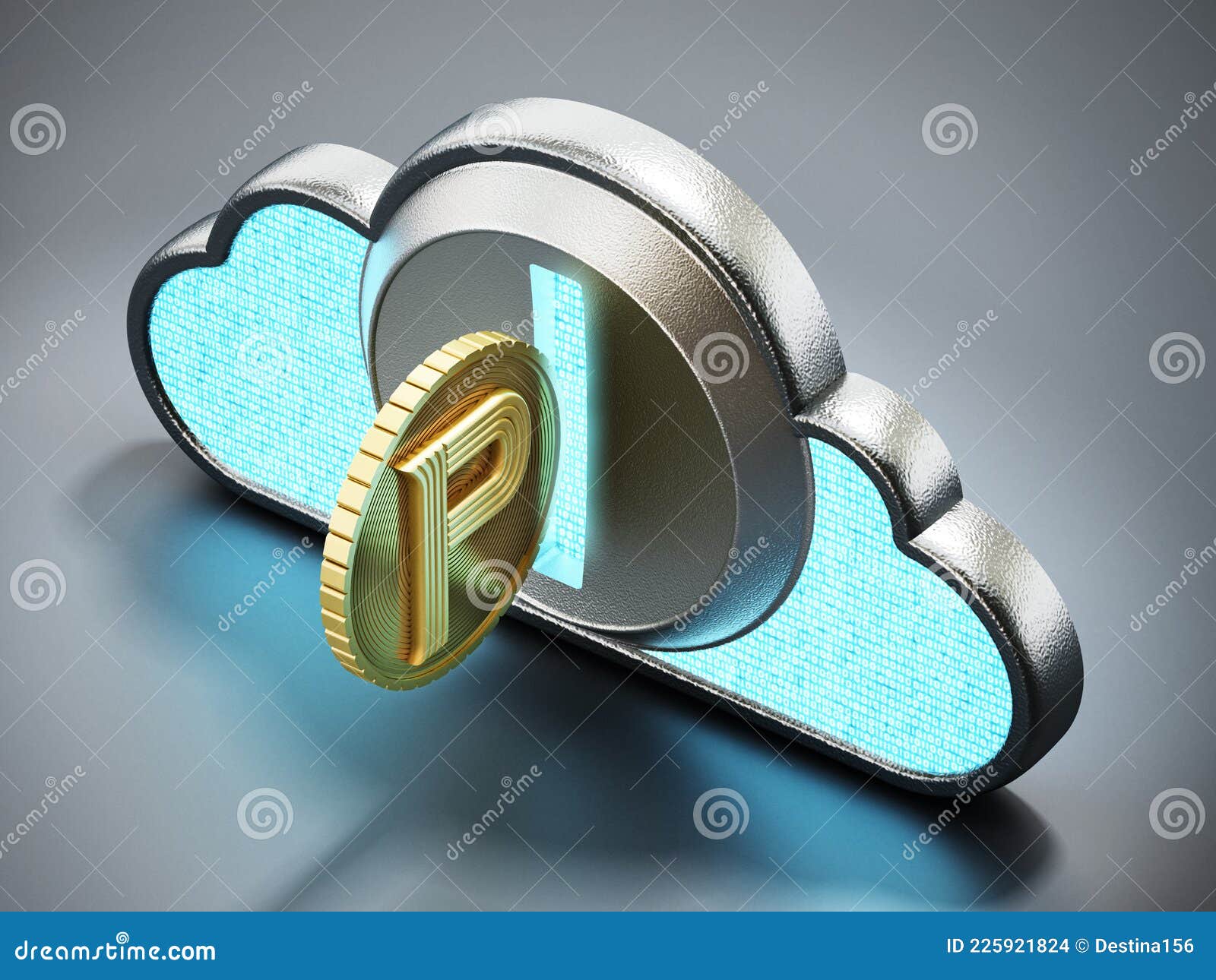 Cryptocurrency Coin with Cloud Shaped Coin Counter. 3D Illustration ...