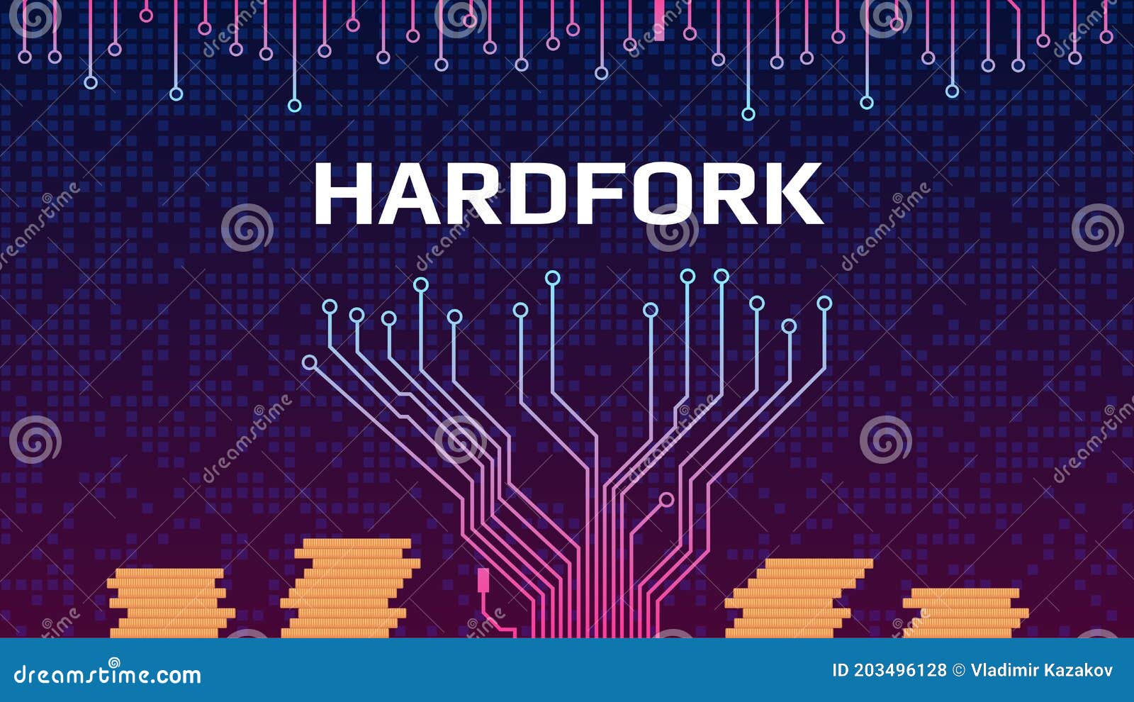 Cryptocurrency Coin Hardfork with Pcb Tracks and Stacks of Coins. Stock ...