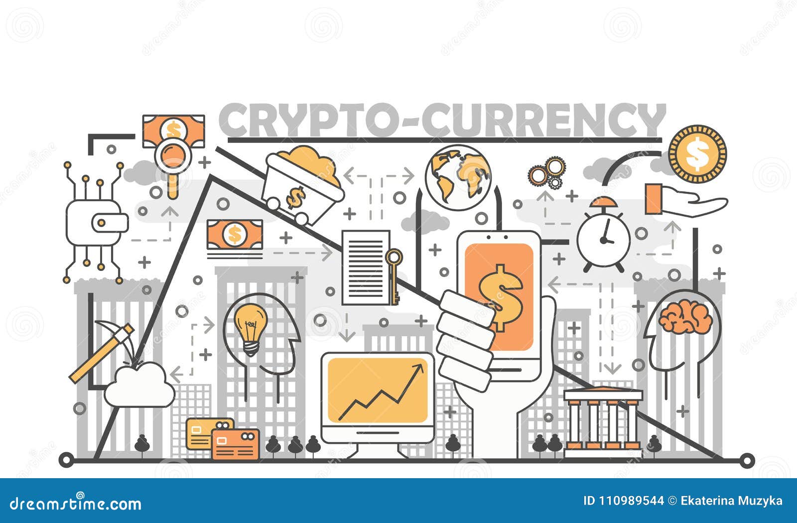Cryptocurrency Concept Vector Illustration In Flat Linear Style Stock