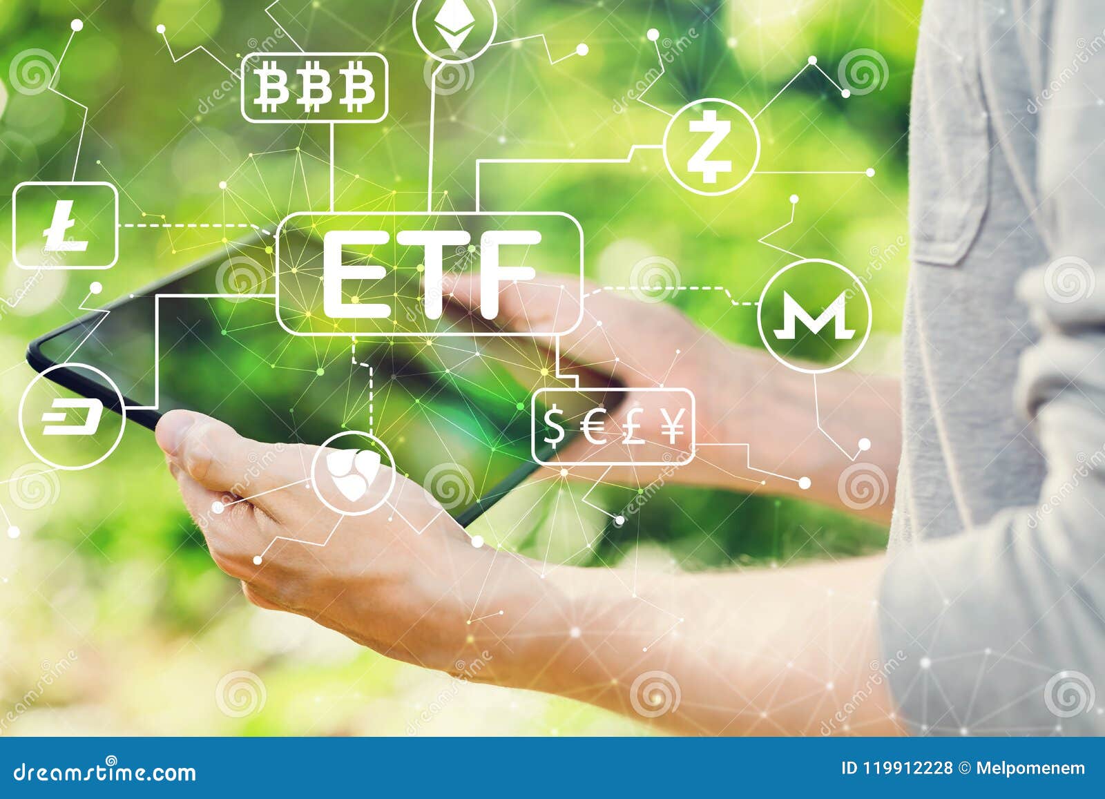 Cryptocurrency ETF Theme Concept with Man Holding His Tablet Stock ...