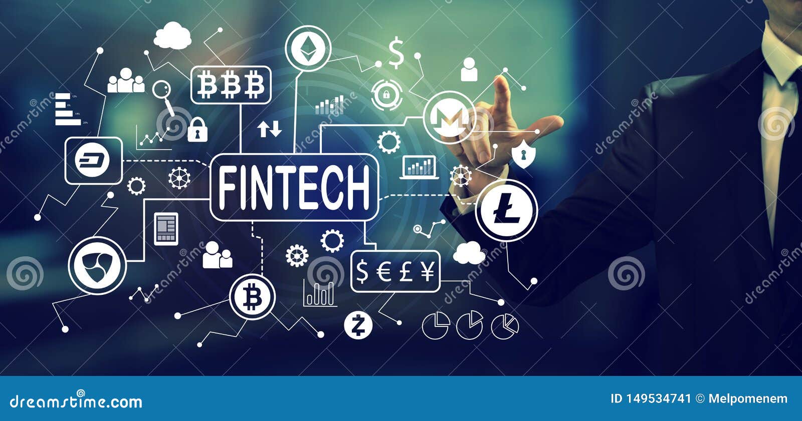 Cryptocurrency Fintech Theme with a Businessman Stock Illustration ...