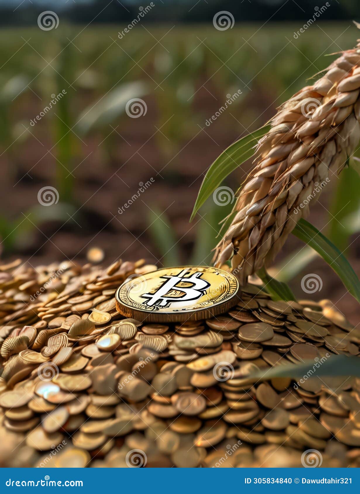 Cryptocurrency Harvest Bitcoin Rises from a Rice Paddy, Symbolizing the ...