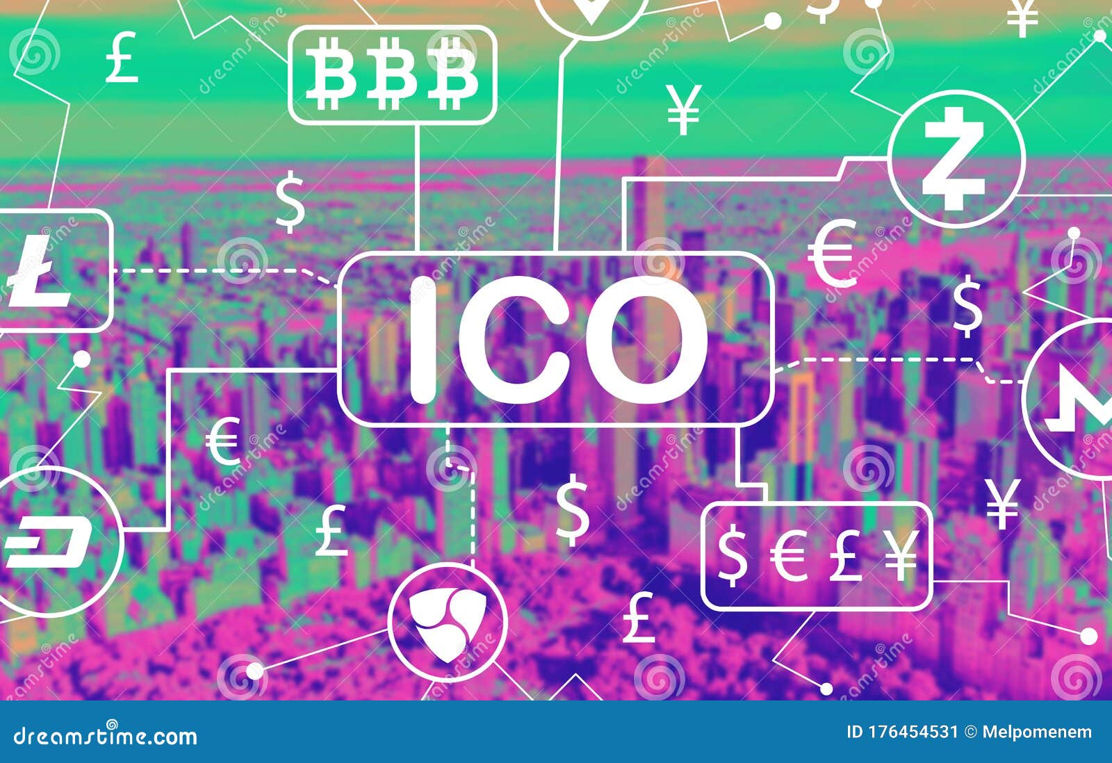 Cryptocurrency ICO theme stock illustration. Illustration of city ...