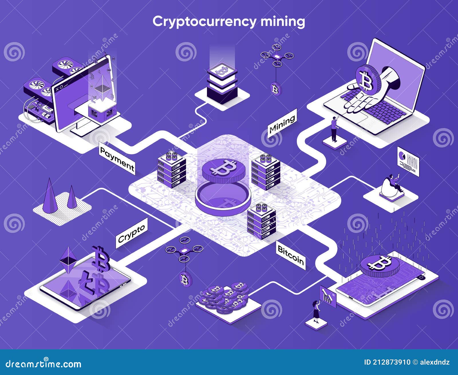 Cryptocurrency Mining Isometric Web Banner. Bitcoin Mining Process 3d ...