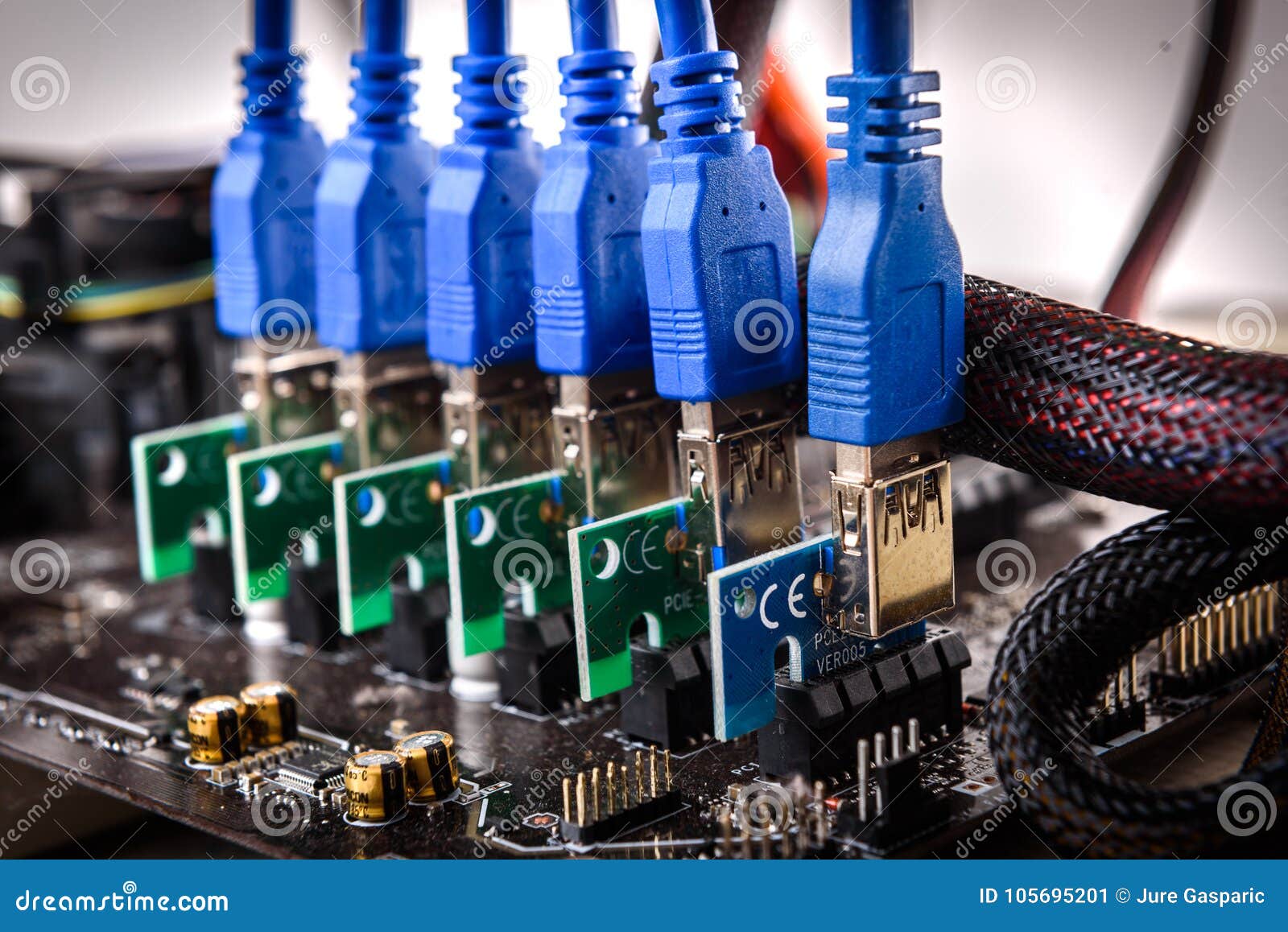 Cryptocurrency Mining Rig PCIe Riser Extenders Plugged To Mother Stock ... Cryptocurrency Mining Rig PCIe Riser Extenders Plugged To Mother Stock ...