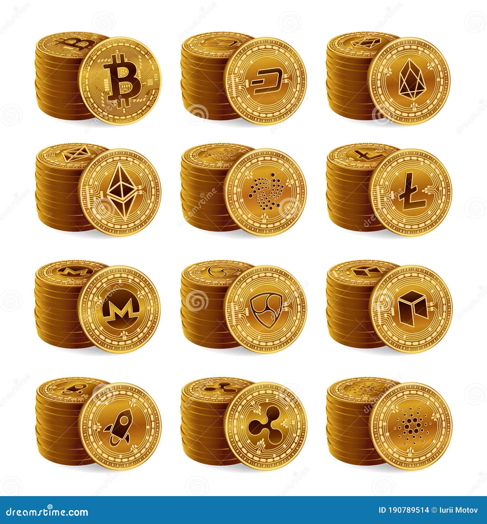 Cryptocurrency Physical Coins Stack Set. 3D Golden Crypto Currency ... Cryptocurrency Physical Coins Stack Set. 3D Golden Crypto Currency ...