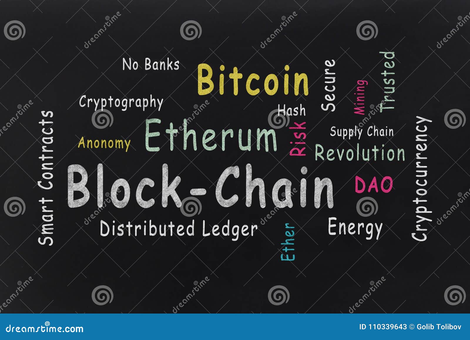 Cryptocurrency Technology. BLOCKCHAIN Word Cloud Against the Blackboard ...