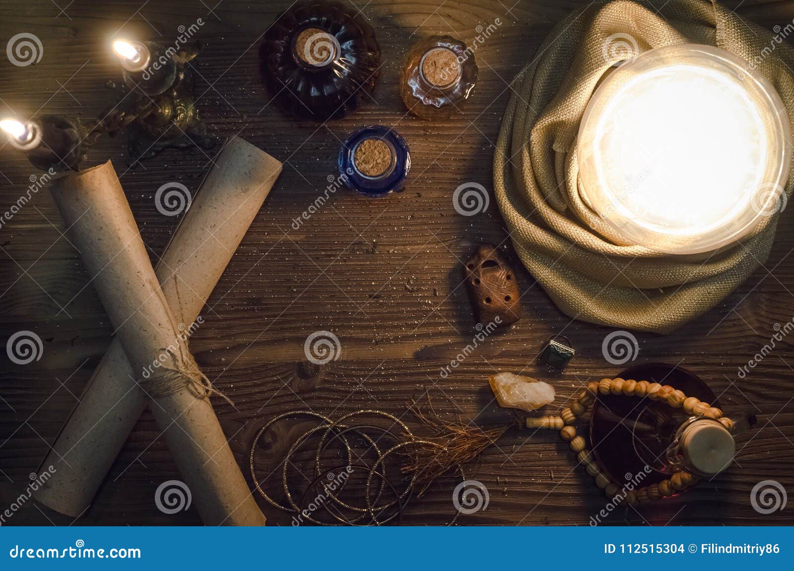 Crystal Ball and Ancient Magic Scrolls. Seance. Future Reading Concept ...
