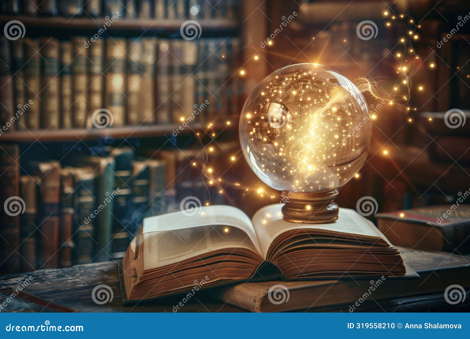 Crystal Ball and Open Book in Mystical Library. Stock Photo - Image of ...