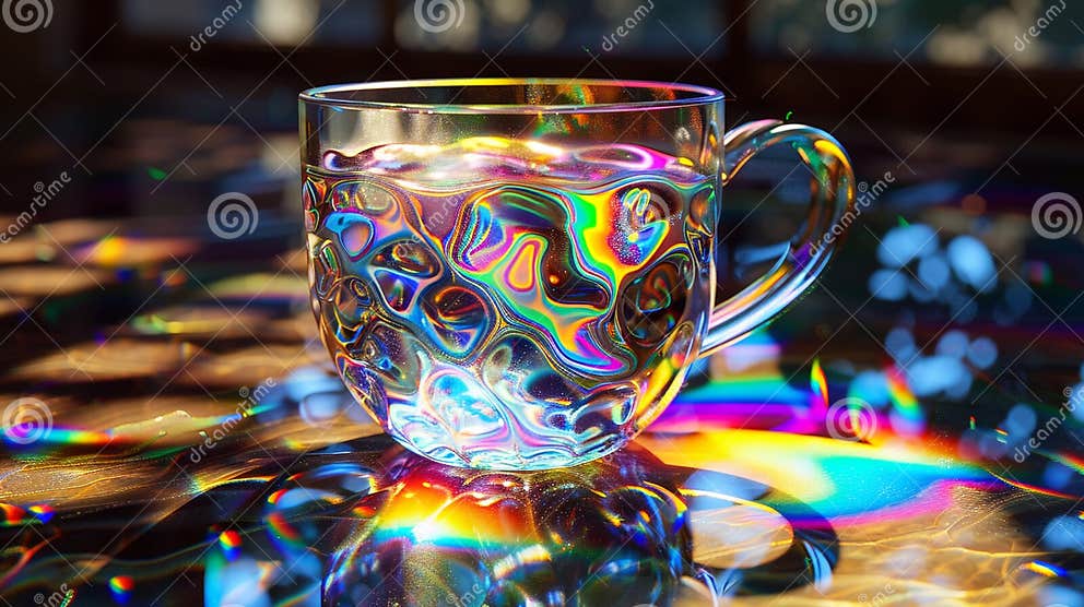 A Crystal Clear Coffee Cup with a Rainbow Explosion, Colors Refracting ...