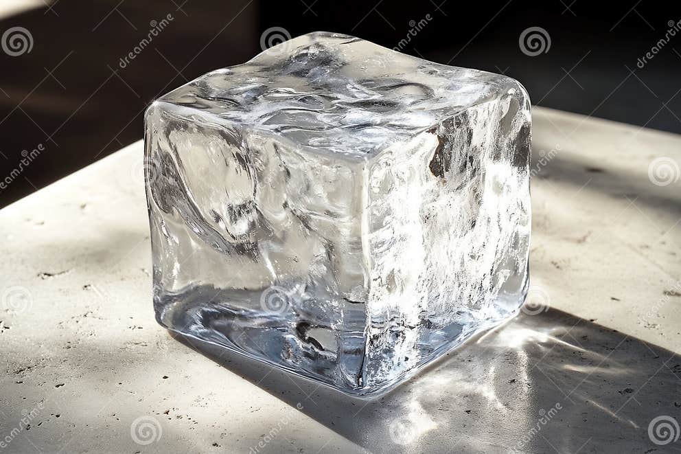 Crystal-clear Ice Cube Melting on a Concrete Surface Under Bright ...