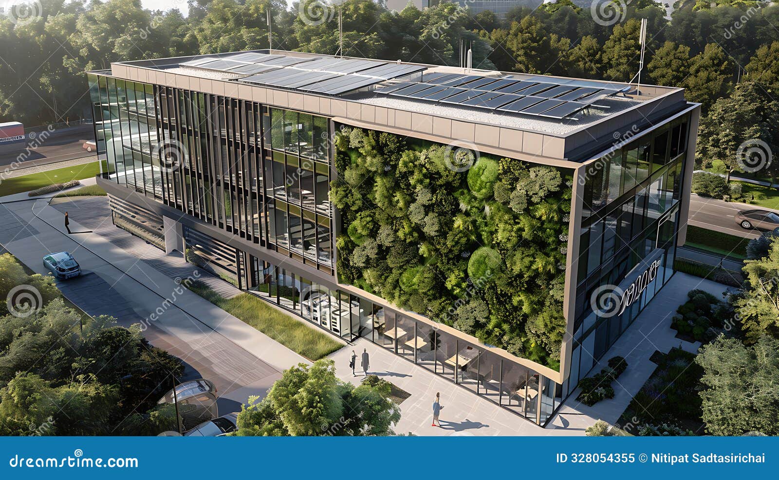 Crystal-clear Image of a Sustainable Office Building, Green Wall, Solar ...