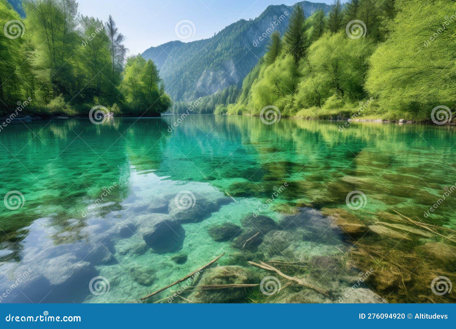 Crystal-clear Lake Surrounded by Mountains and Greenery Stock ...