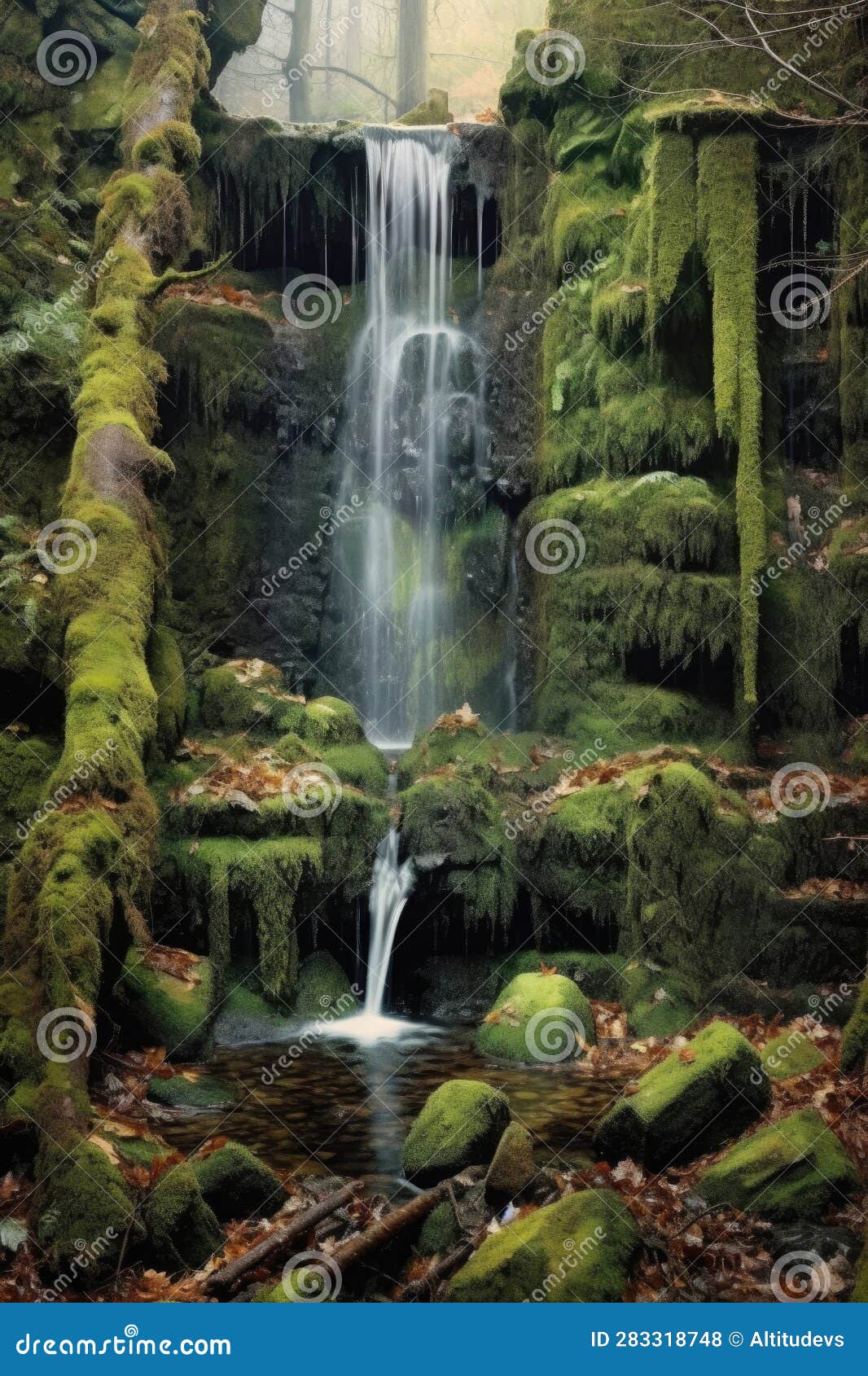 Crystal Clear Waterfall Cascading Over Mossy Rocks Stock Illustration ...