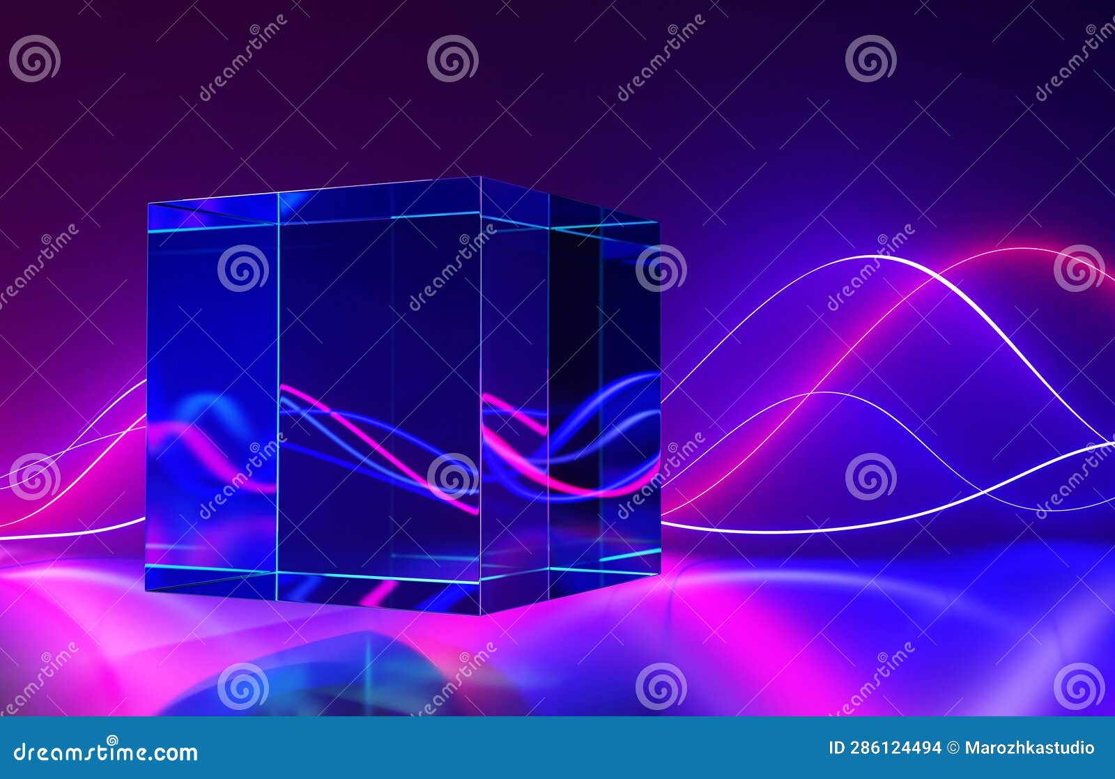 Crystal Cube with Neon Wave Light Lines on Abstract Background ...