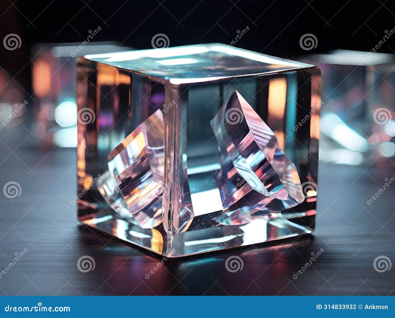 Crystal Cube on Wooden Table. Generative AI Stock Illustration - Illustration of reflection ...
