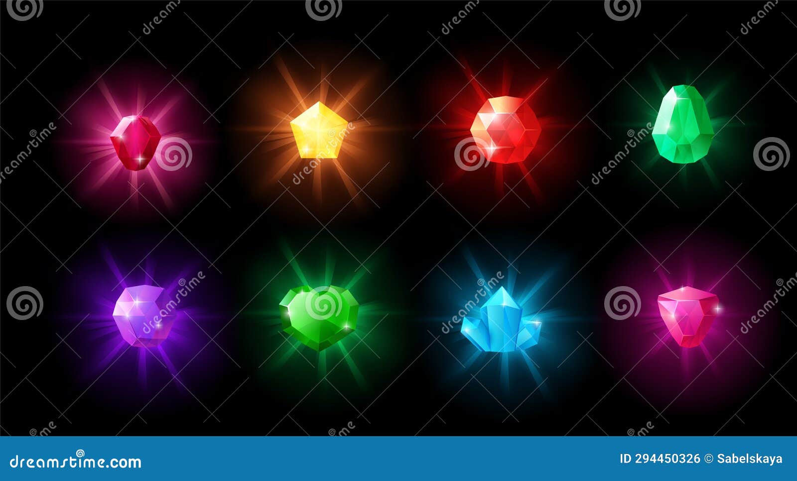 Crystal Game Gemstones, Vector Illustrations Isolated on Black ...