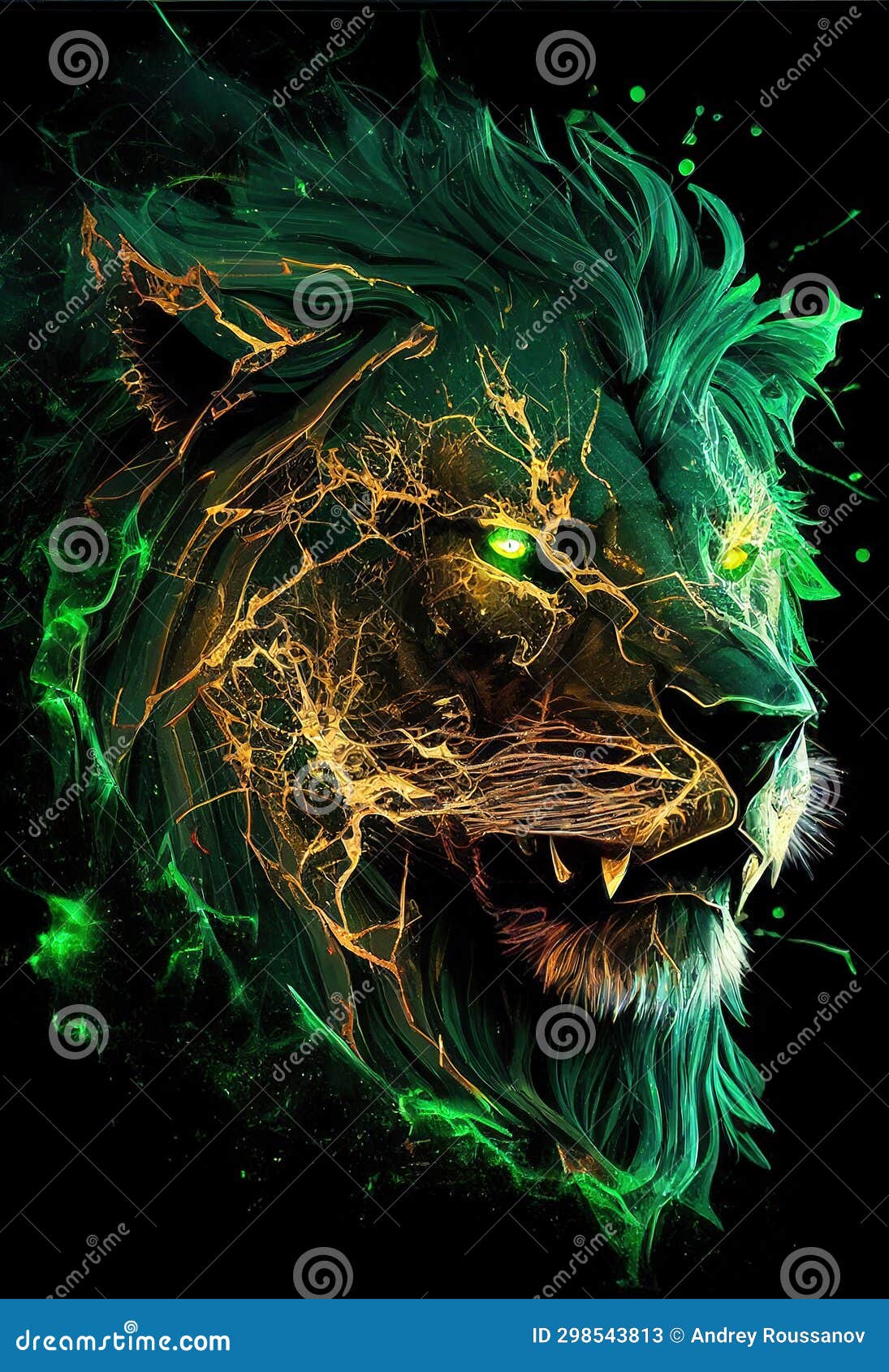 Crystal Green Fire Lion Backdrop. AI Generated Stock Illustration ...