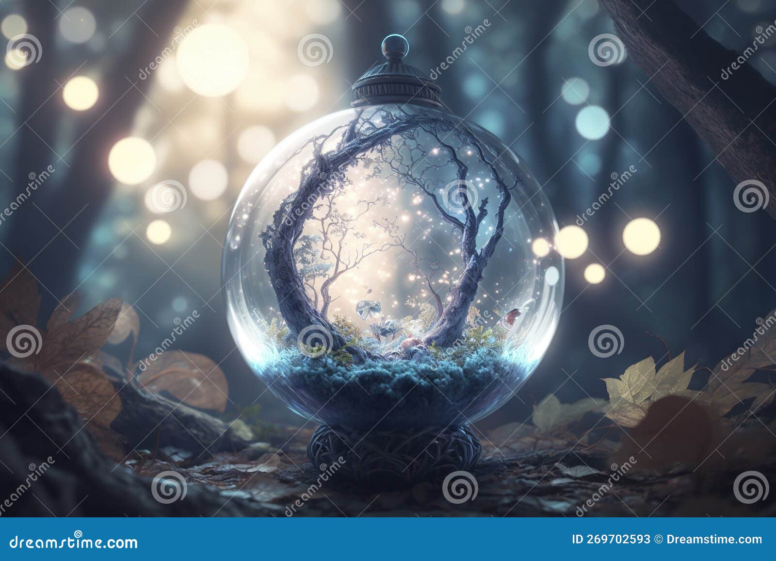 A Crystal Magic Orb with a Lantern Inside, Whimsical, with a Moon in a ...