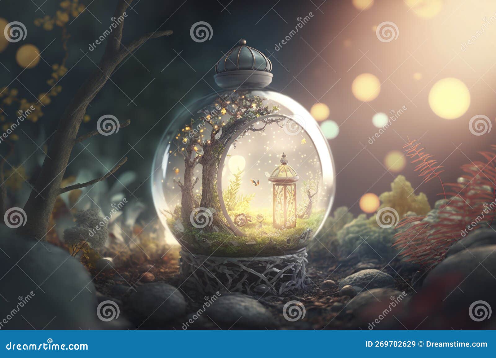A Crystal Magic Orb with a Lantern Inside, Whimsical, with a Moon in a ...