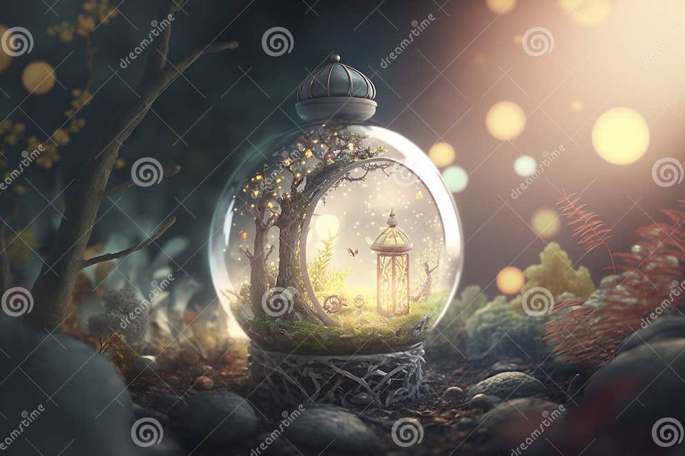 A Crystal Magic Orb with a Lantern Inside, Whimsical, with a Moon in a ...