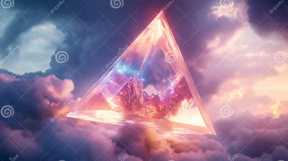 A Crystal Pyramid Floating Above Clouds with Mountains Inside Stock ...