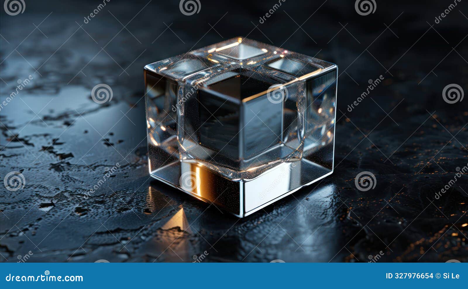 Crystal Reflections: 3D Render of Glass Cube on Black Background Stock ...