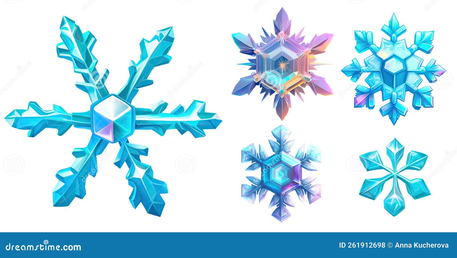 Crystal Snowflakes Set Isolated on White Background, 3D Digital ...