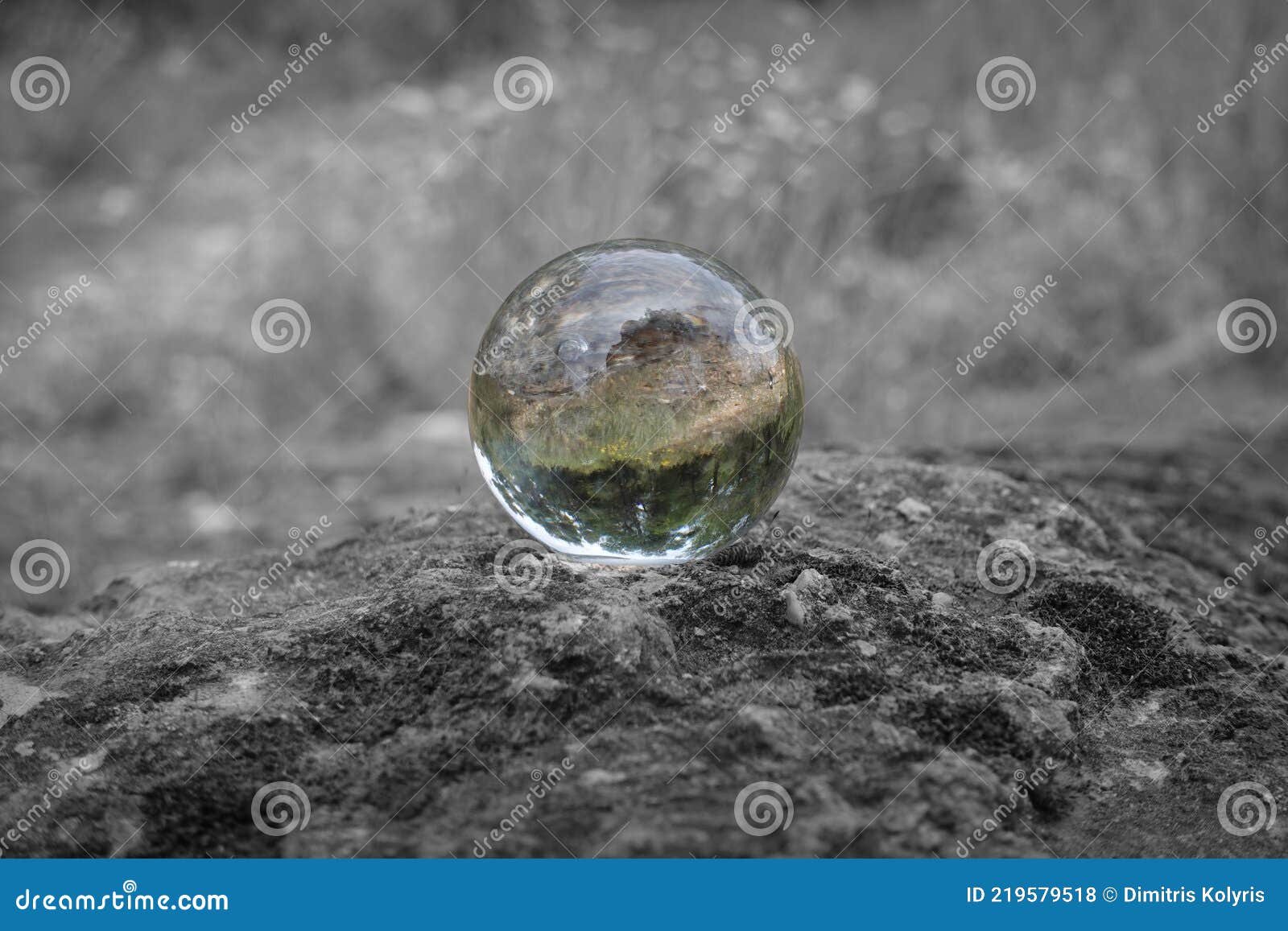 Crystal Sphere with Landscape Reflection on Stone Surface Stock Photo ...