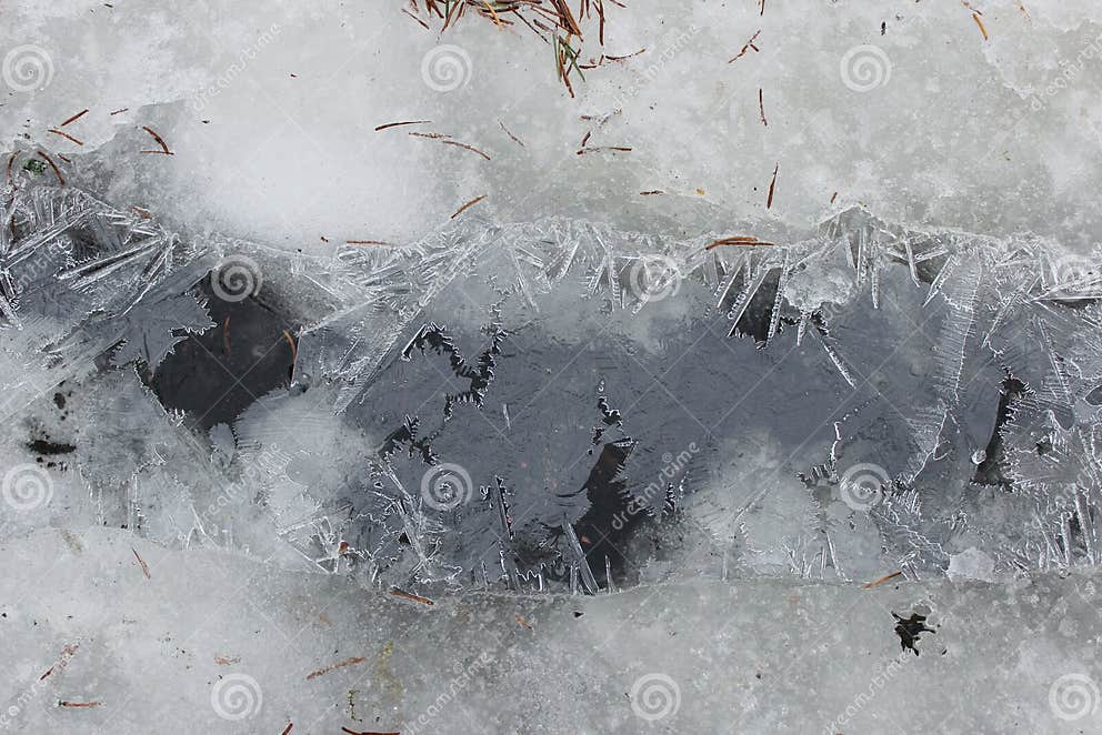 Crystalline Crust of Ice is Covering a Puddle in the Spring. Stock ...