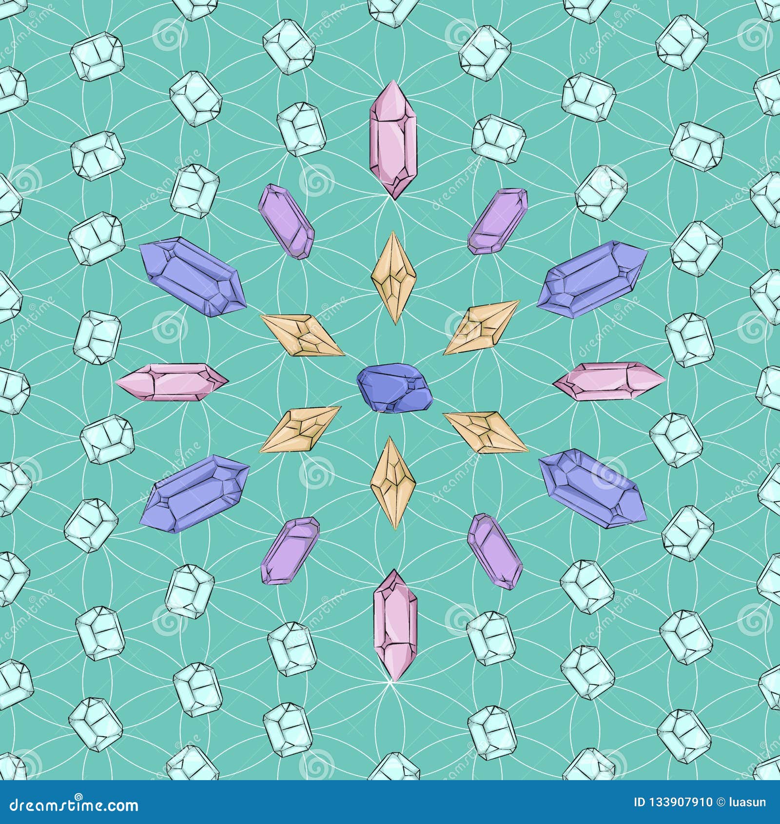 Crystals and Diamonds on Wiccan Grid Pattern Stock Vector ...