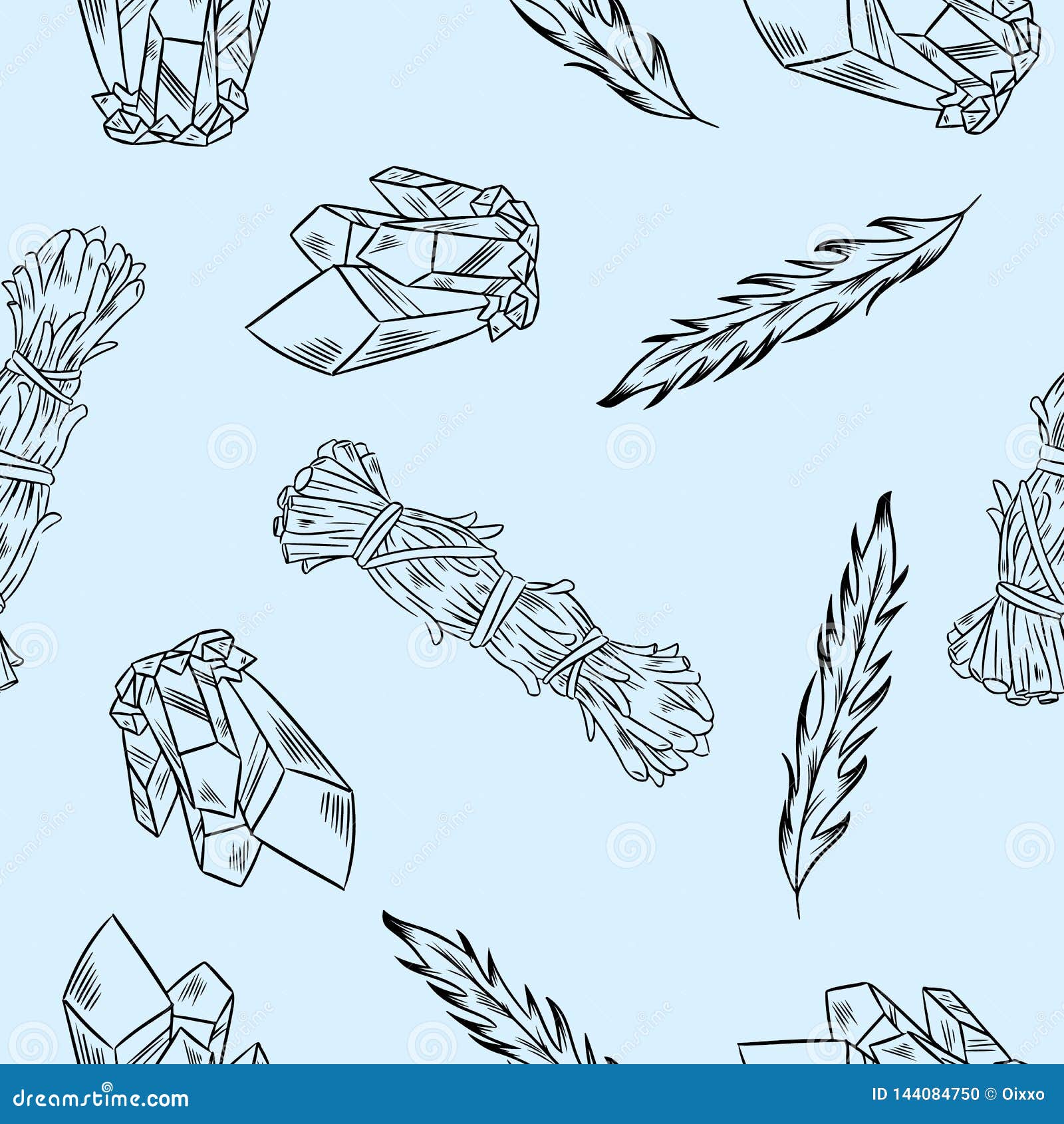Crystals, Feathers and Sage Seamless Boho Pattern Stock Vector ...