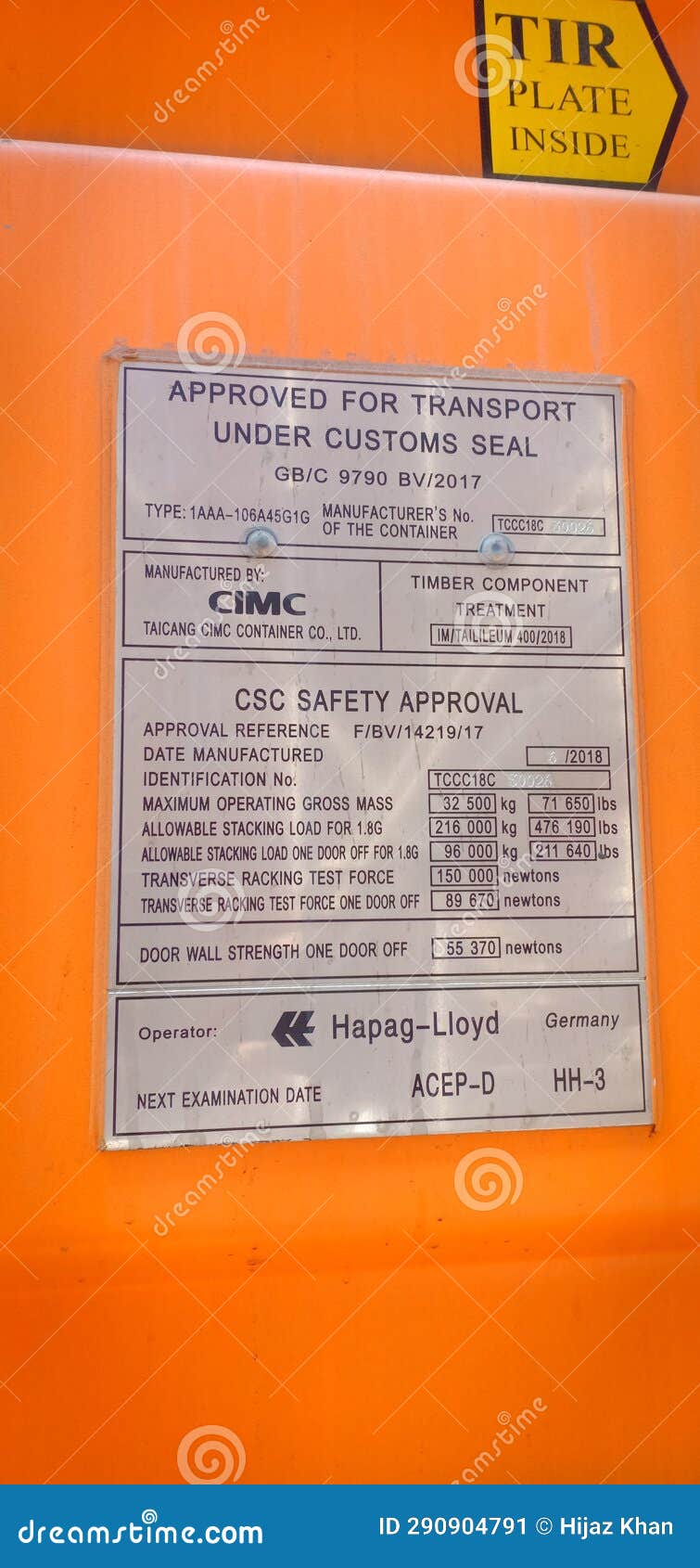 CSC Plate of a Container Ship Stock Image - Image of memorial, label ...