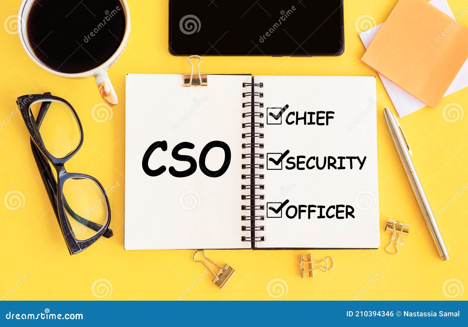 CSO - Chief Security Officer. Text on Notepad and Office Accessories on ...