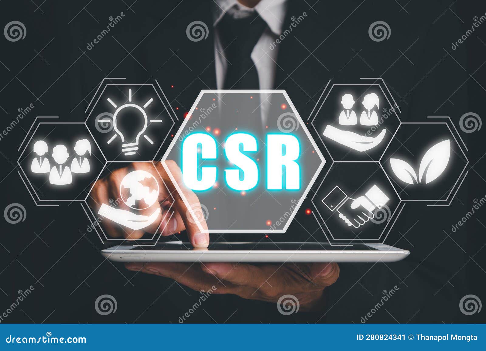 Woman Using Tablet Conputer with Corporate Social Responsibility Icon ...