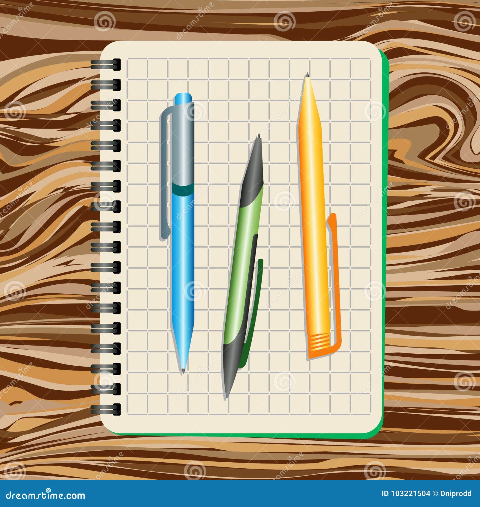 Cuaderno, Pluma Azul, Pluma Verde Y Pluma Amarilla Ilustración del ...