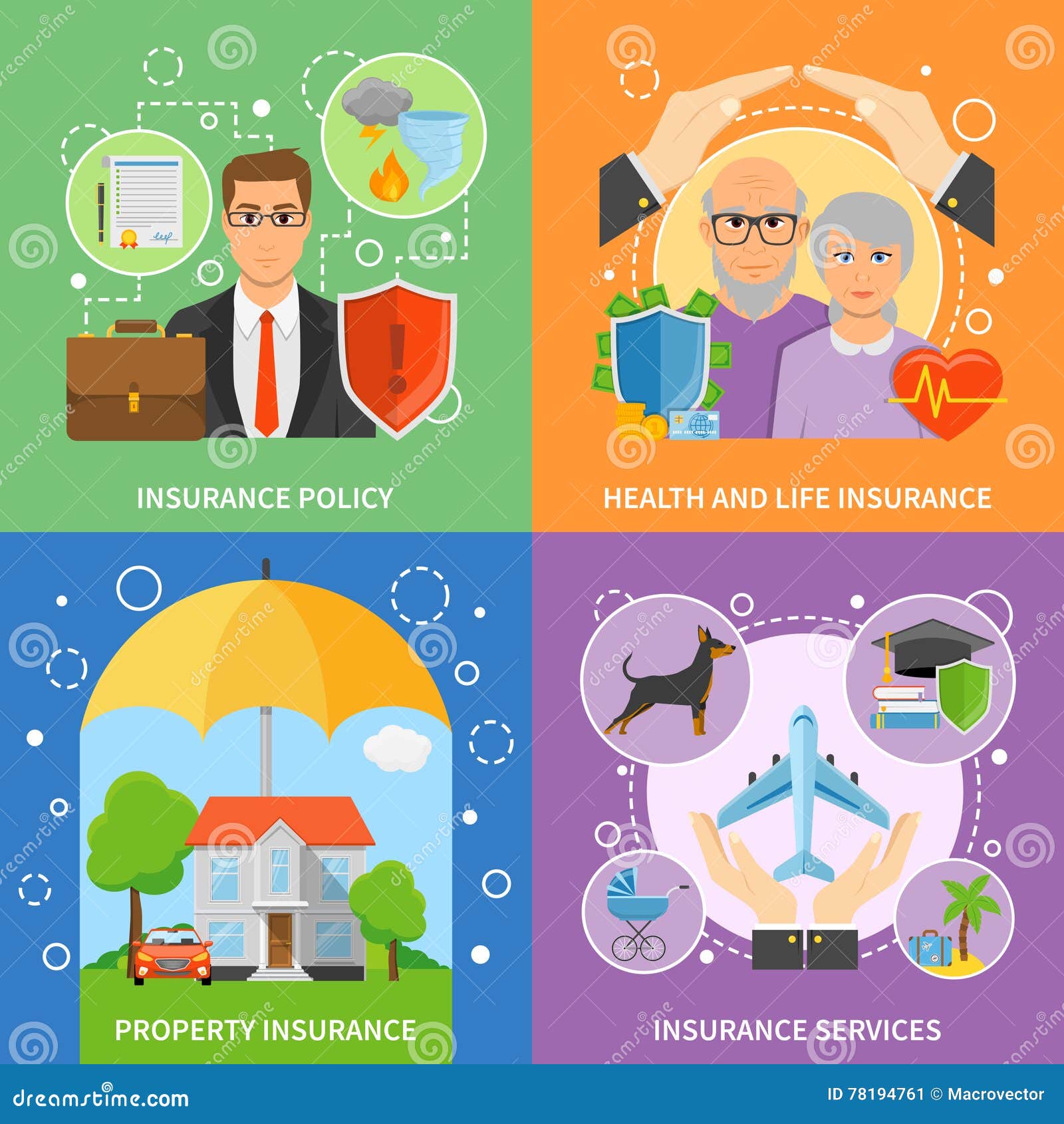 Cuadrado Plano De Los Iconos De Los Servicios De Seguro 4 Ilustración ...